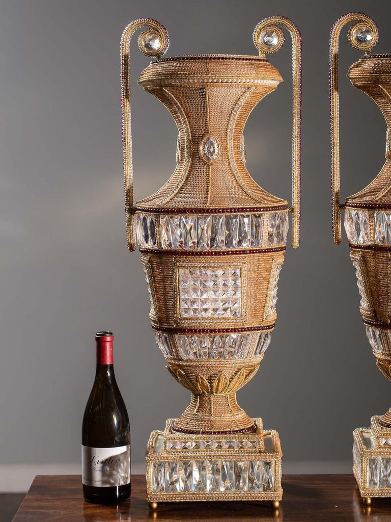 Pair Tall Vintage Italian Hand Beaded Crystal Urn Lamps, circa 1930 at ...