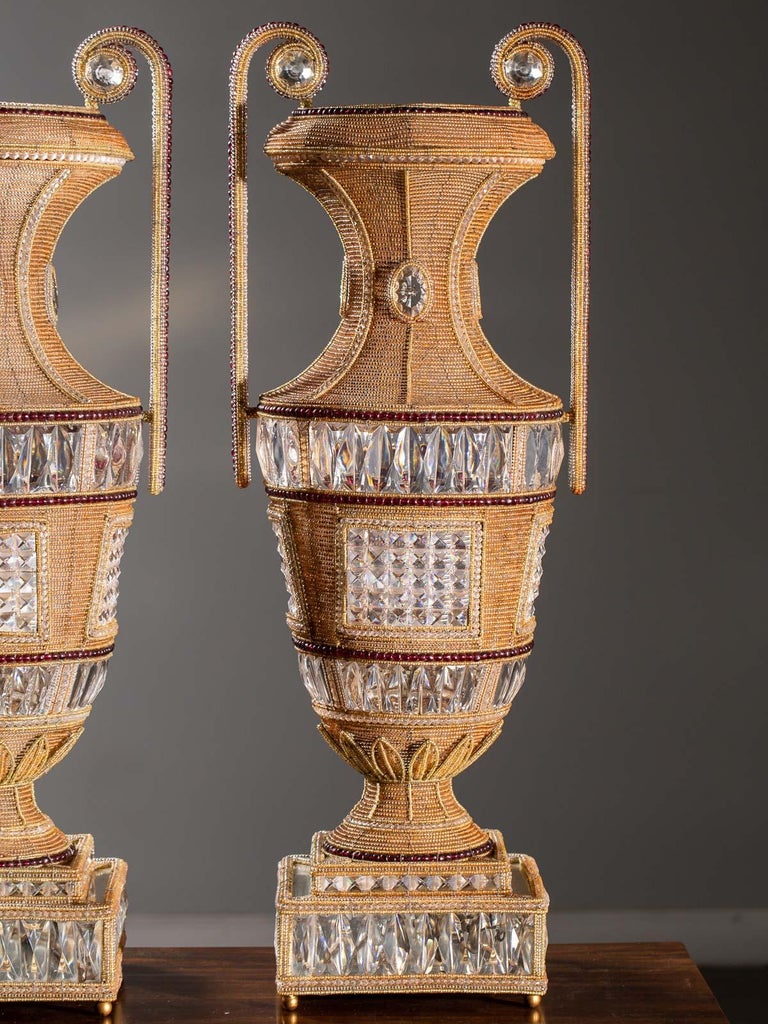 Pair Tall Vintage Italian Hand Beaded Crystal Urn Lamps, circa 1930 at ...
