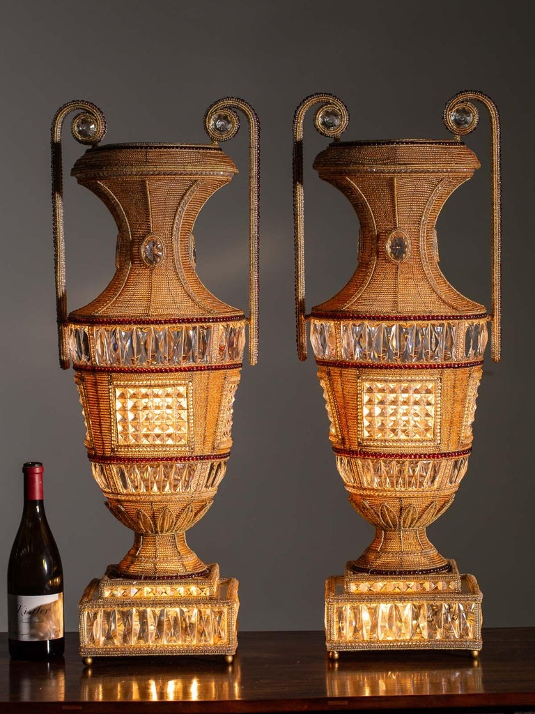 Pair Tall Vintage Italian Hand Beaded Crystal Urn Lamps, circa 1930 at ...