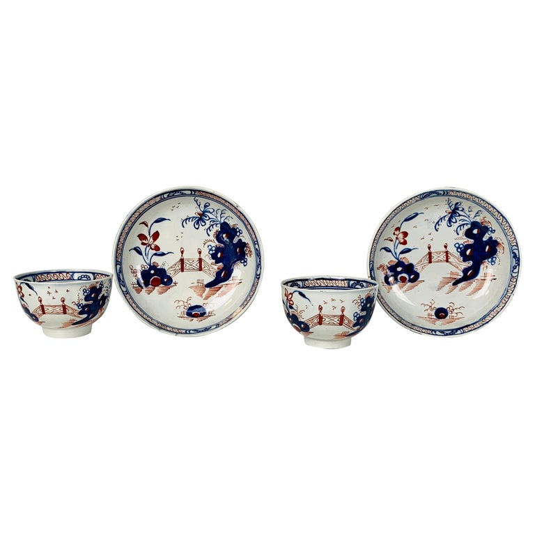 Pair Tea Bowls and Saucers Pearled Creamware Hand-Painted in Imari ...