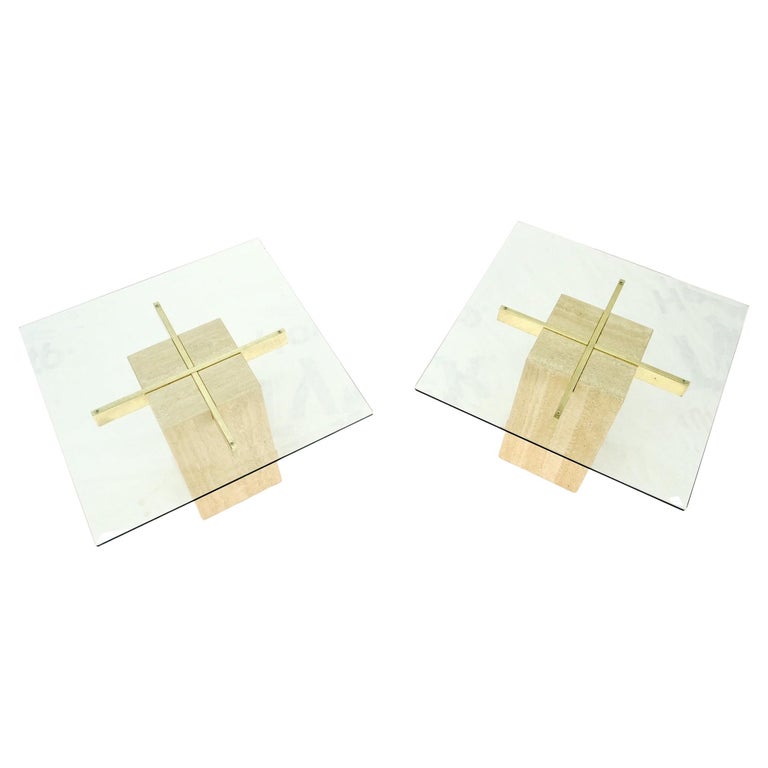 Pair Travertine Bases Cross Support Glass Top End Side Occational ...