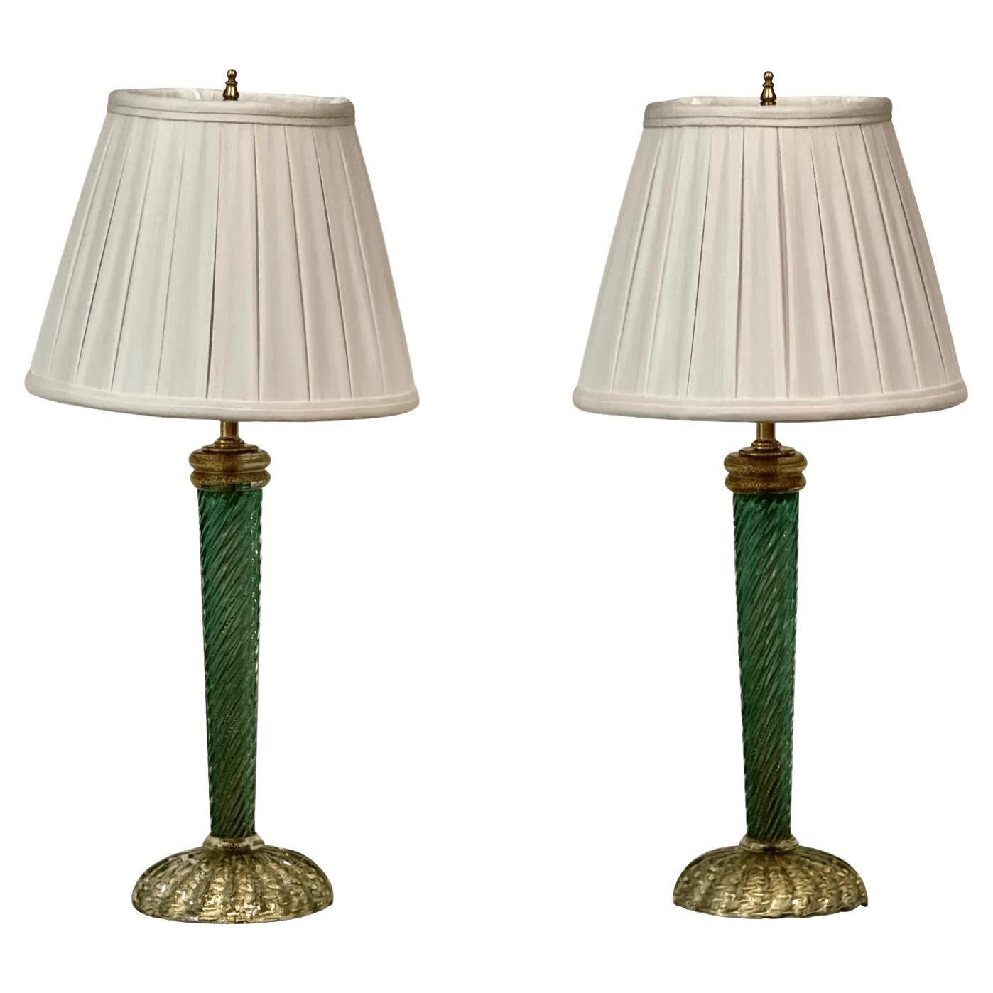 Pair twist green and gold Murano lamps For Sale at 1stDibs