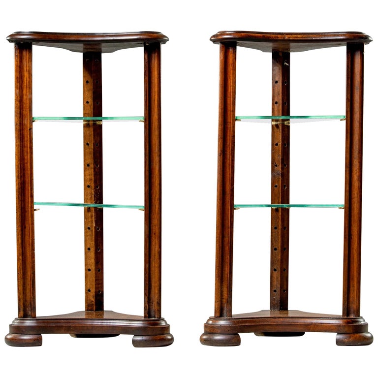 Pair of Unusual Walnut Stands with Glass Shelves For Sale at 1stDibs
