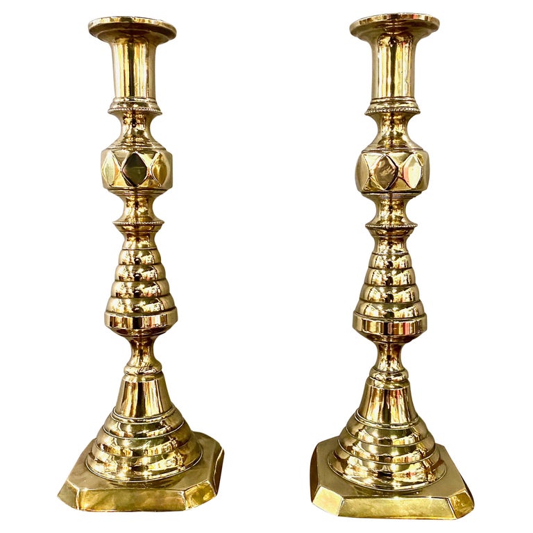 Pair Victorian Brass Beehive and Diamond Candlesticks For Sale at 1stDibs