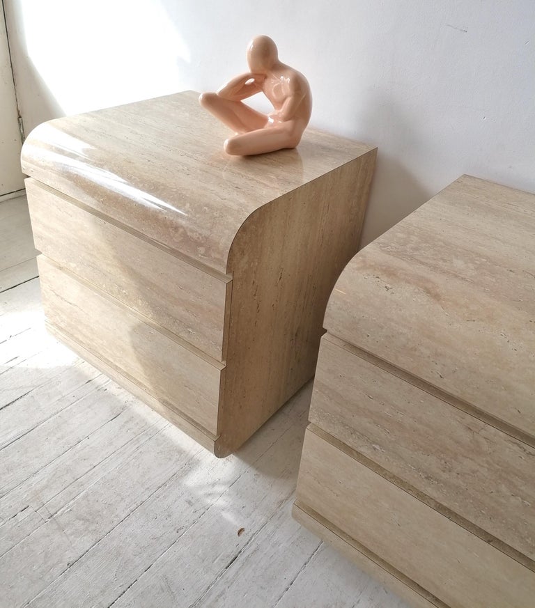 Pair Vintage 1980s Waterfall Cabinets / Nightstands in Faux Travertine ...