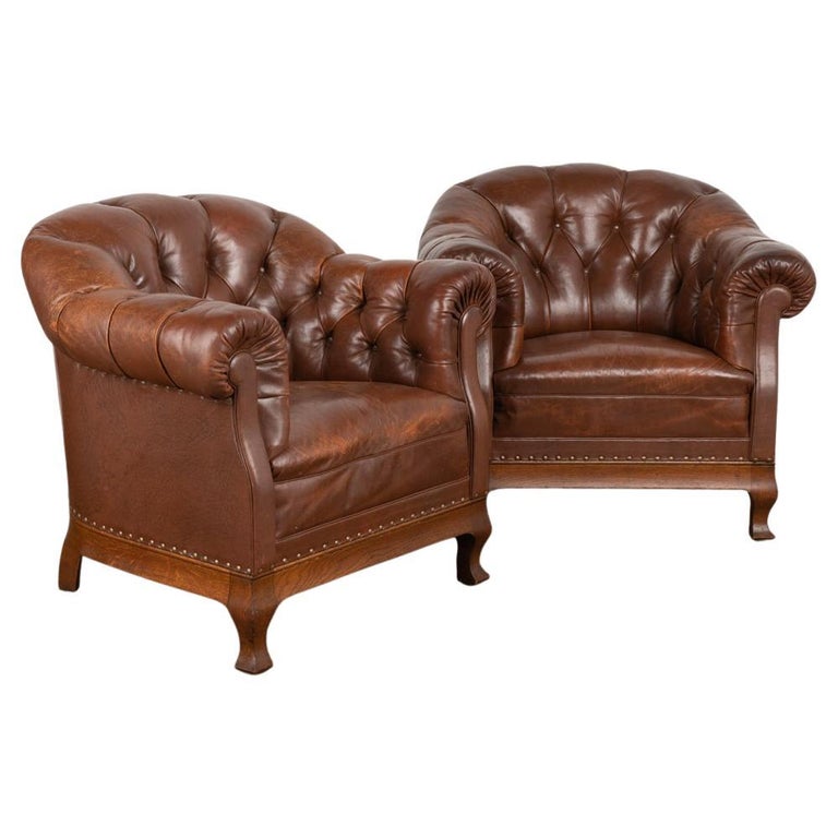 Pair, Vintage Brown Leather Barrel Back Club Chairs, Denmark circa 1940 ...