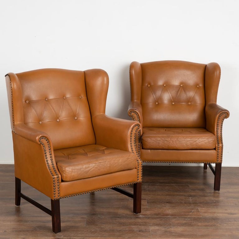 Pair, Vintage Brown Leather Wing Back Arm Chairs, Denmark circa 1960s ...