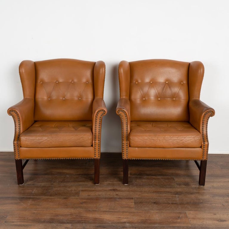 Pair, Vintage Brown Leather Wing Back Arm Chairs, Denmark circa 1960s ...
