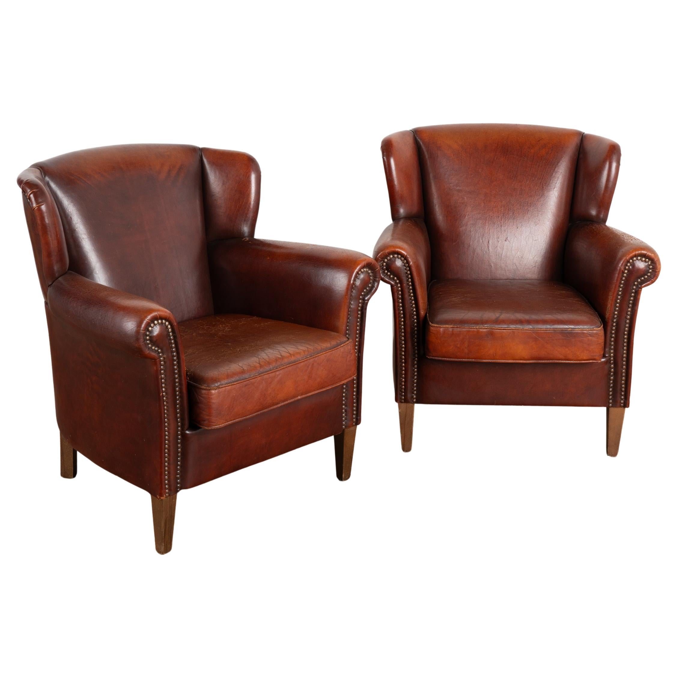 Pair, Vintage Brown Leather Wingback Arm Chairs, Netherlands circa 1960 ...