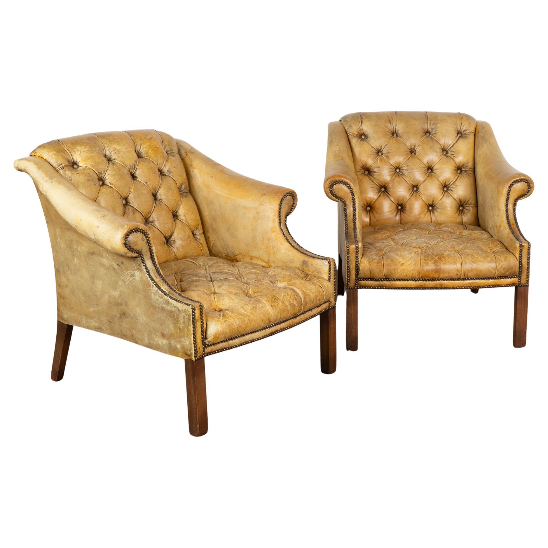 Vintage Traditional Camel Back Tufted Leather Arm Chairs - a Pair For ...