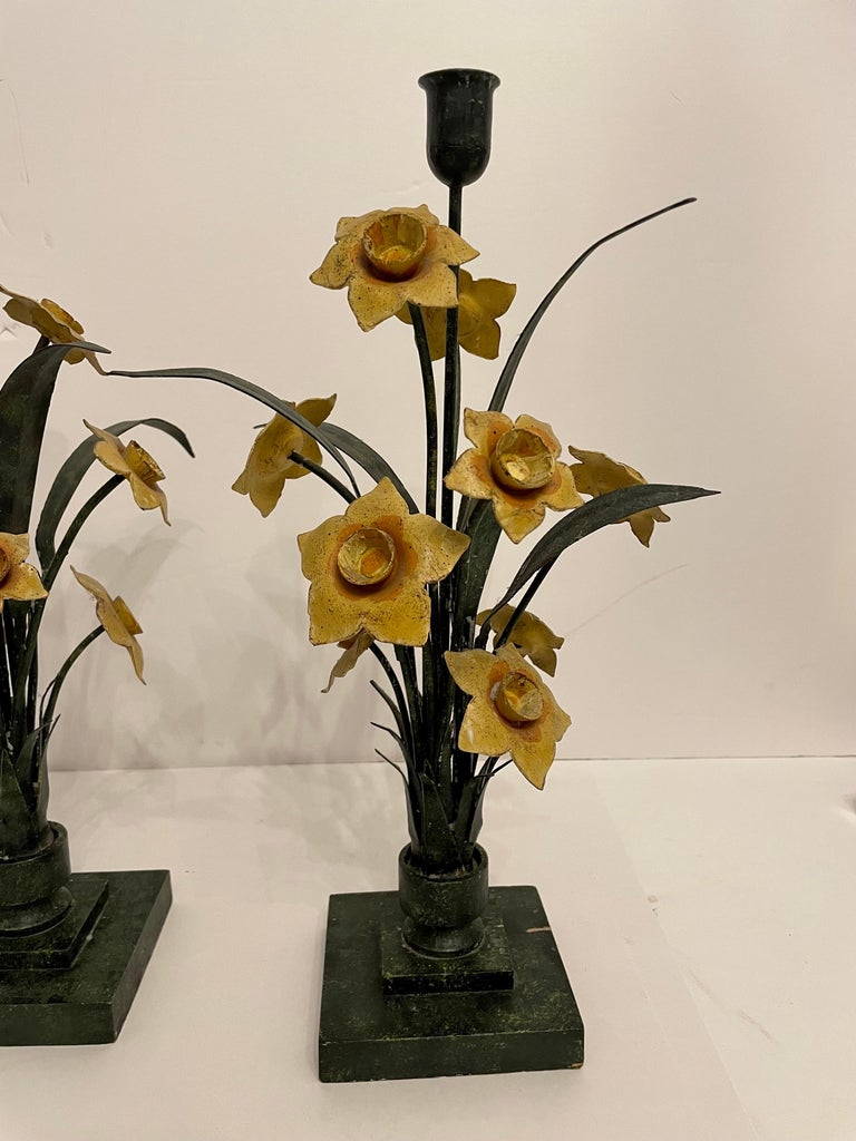 Pair Vintage Floral Italian Tole Painted Candle Sticks For Sale at 1stDibs