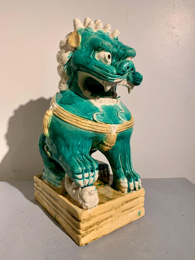 Pair Vintage Foo Lions, Green and Yellow Glazed Ceramic , 1960's, Hong ...