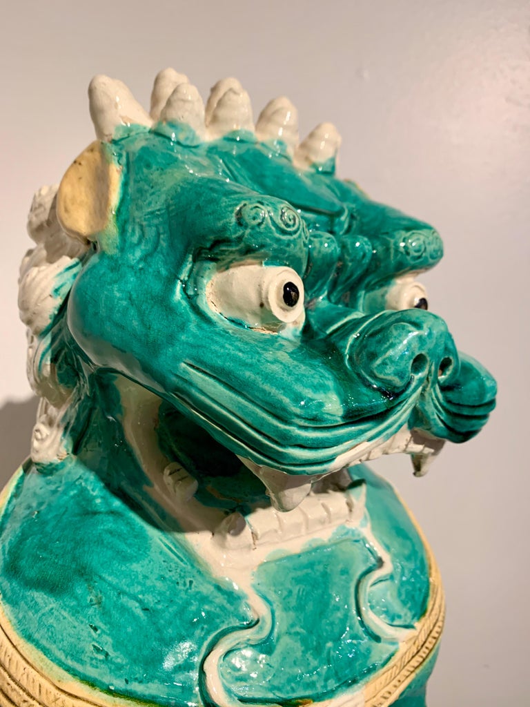 Pair Vintage Foo Lions, Green and Yellow Glazed Ceramic , 1960's, Hong ...