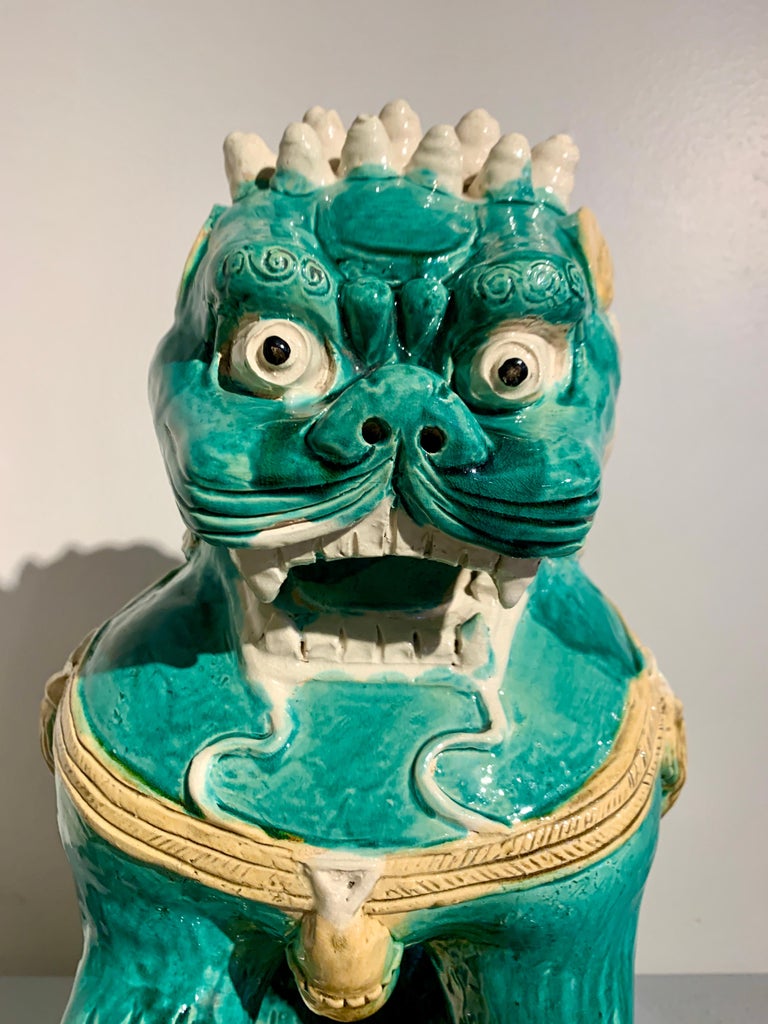 Pair Vintage Foo Lions, Green and Yellow Glazed Ceramic , 1960's, Hong ...