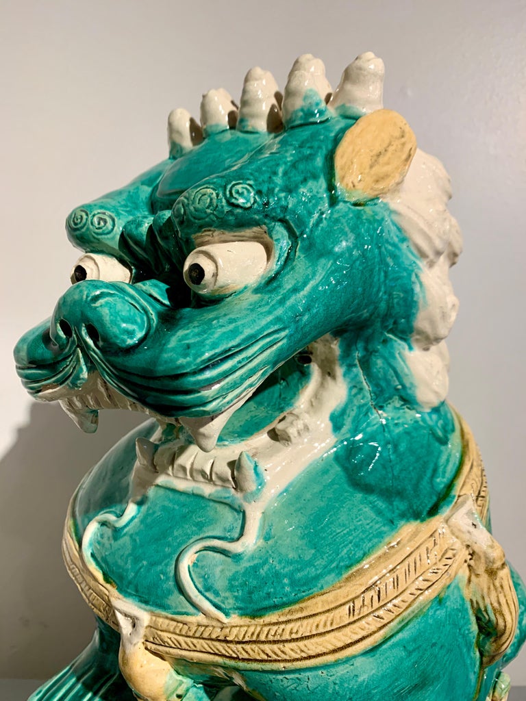 Pair Vintage Foo Lions, Green and Yellow Glazed Ceramic , 1960's, Hong ...