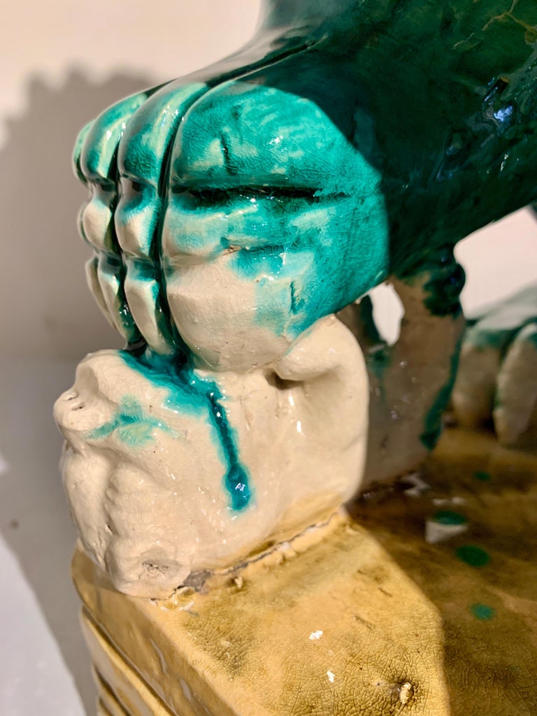 Pair Vintage Foo Lions, Green and Yellow Glazed Ceramic , 1960's, Hong ...