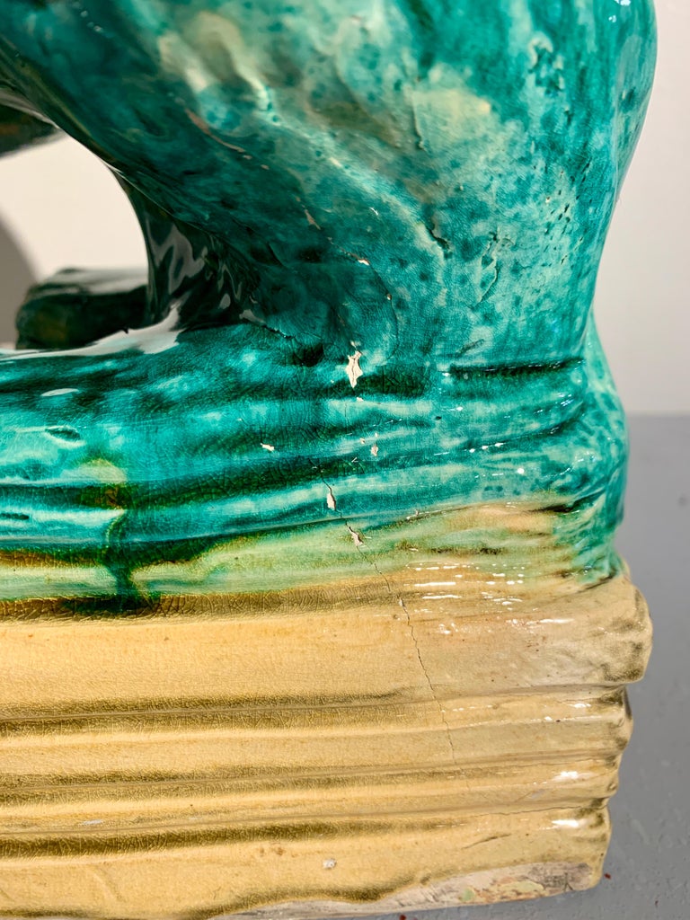 Pair Vintage Foo Lions, Green and Yellow Glazed Ceramic , 1960's, Hong ...