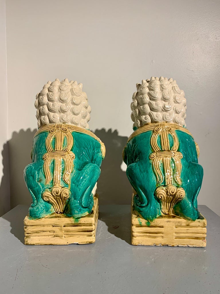 Pair Vintage Foo Lions, Green and Yellow Glazed Ceramic , 1960's, Hong ...