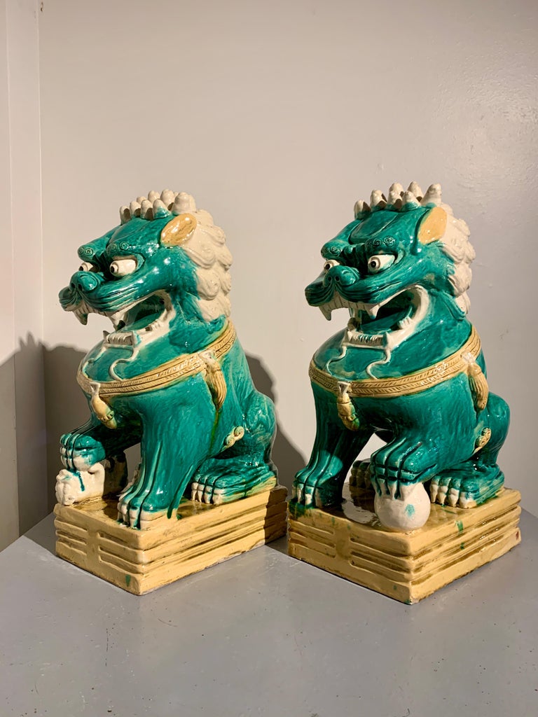 Pair Vintage Foo Lions, Green and Yellow Glazed Ceramic , 1960's, Hong ...