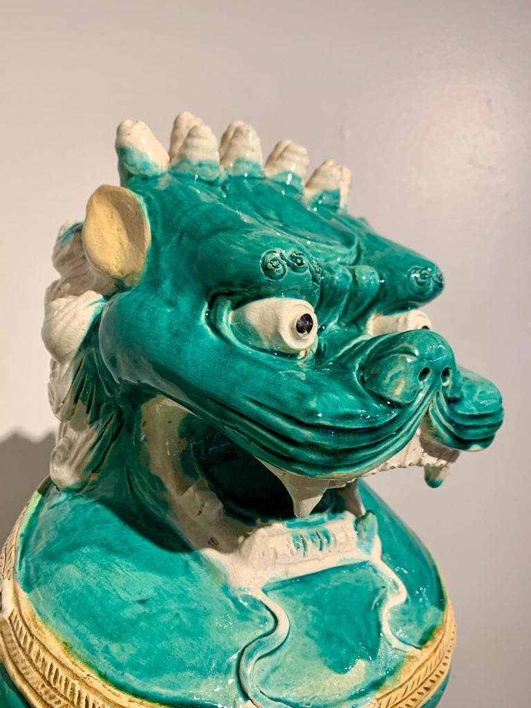 Pair Vintage Foo Lions, Green and Yellow Glazed Ceramic , 1960's, Hong ...