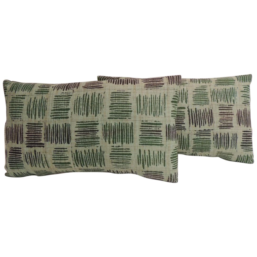 Pair of Vintage Hand-Blocked Green and Brown Decorative Lumbar Pillows ...