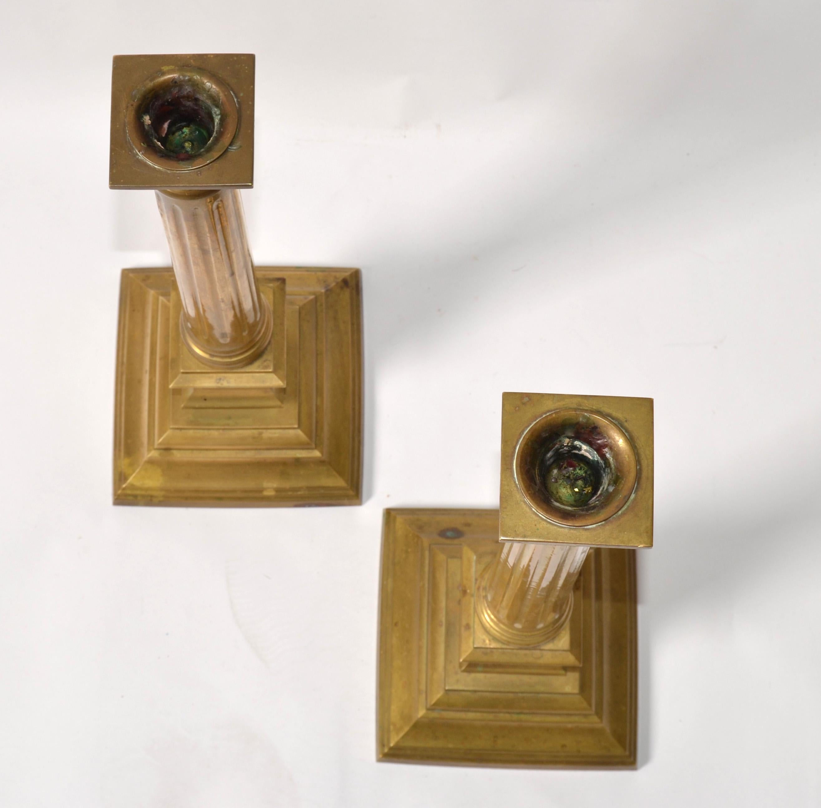 Pair Vintage Hollywood Regency Maitland-Smith Brass Column Candlesticks Labeled at 1stDibs