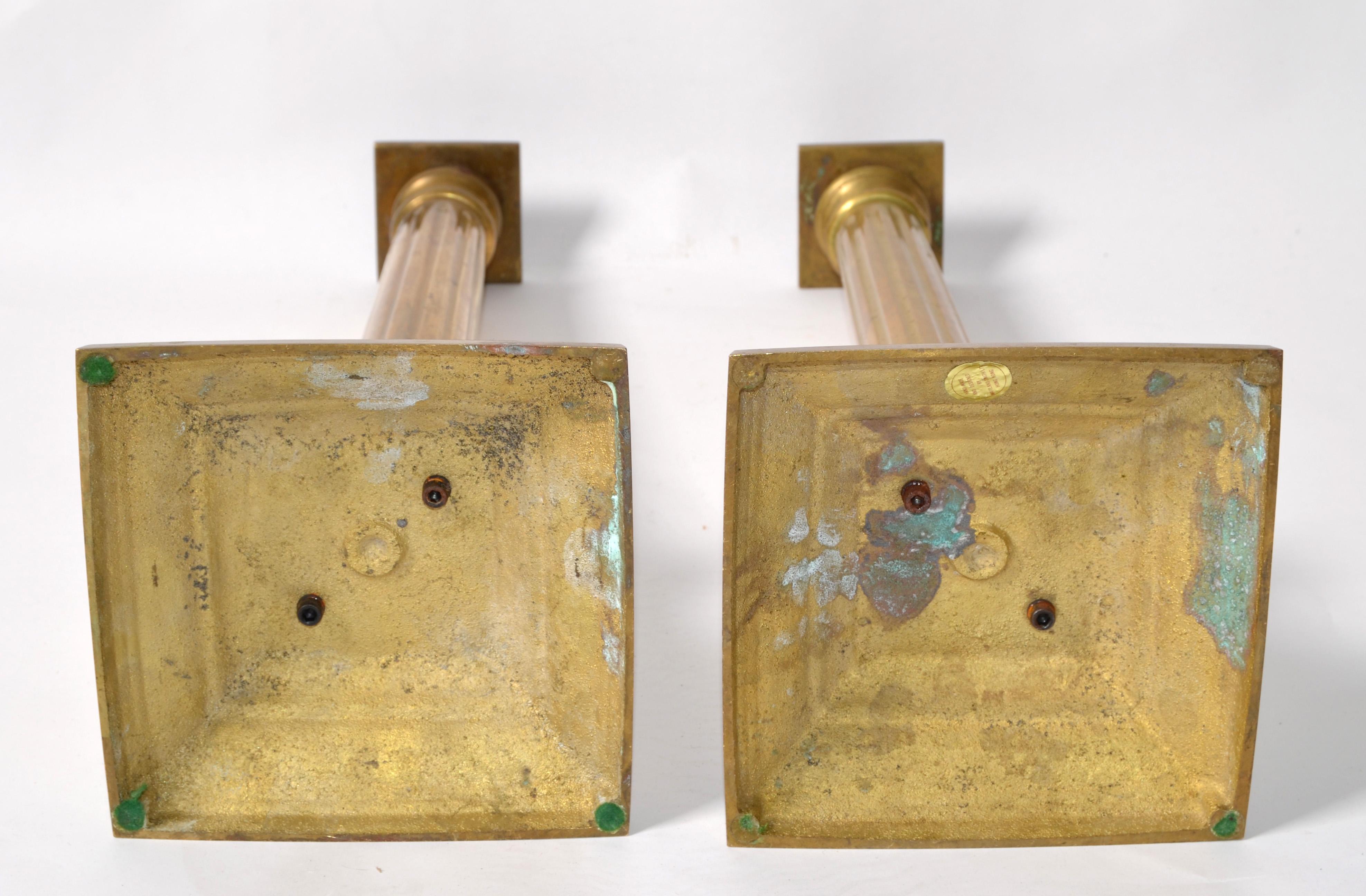 Pair Vintage Hollywood Regency Maitland-Smith Brass Column Candlesticks Labeled at 1stDibs