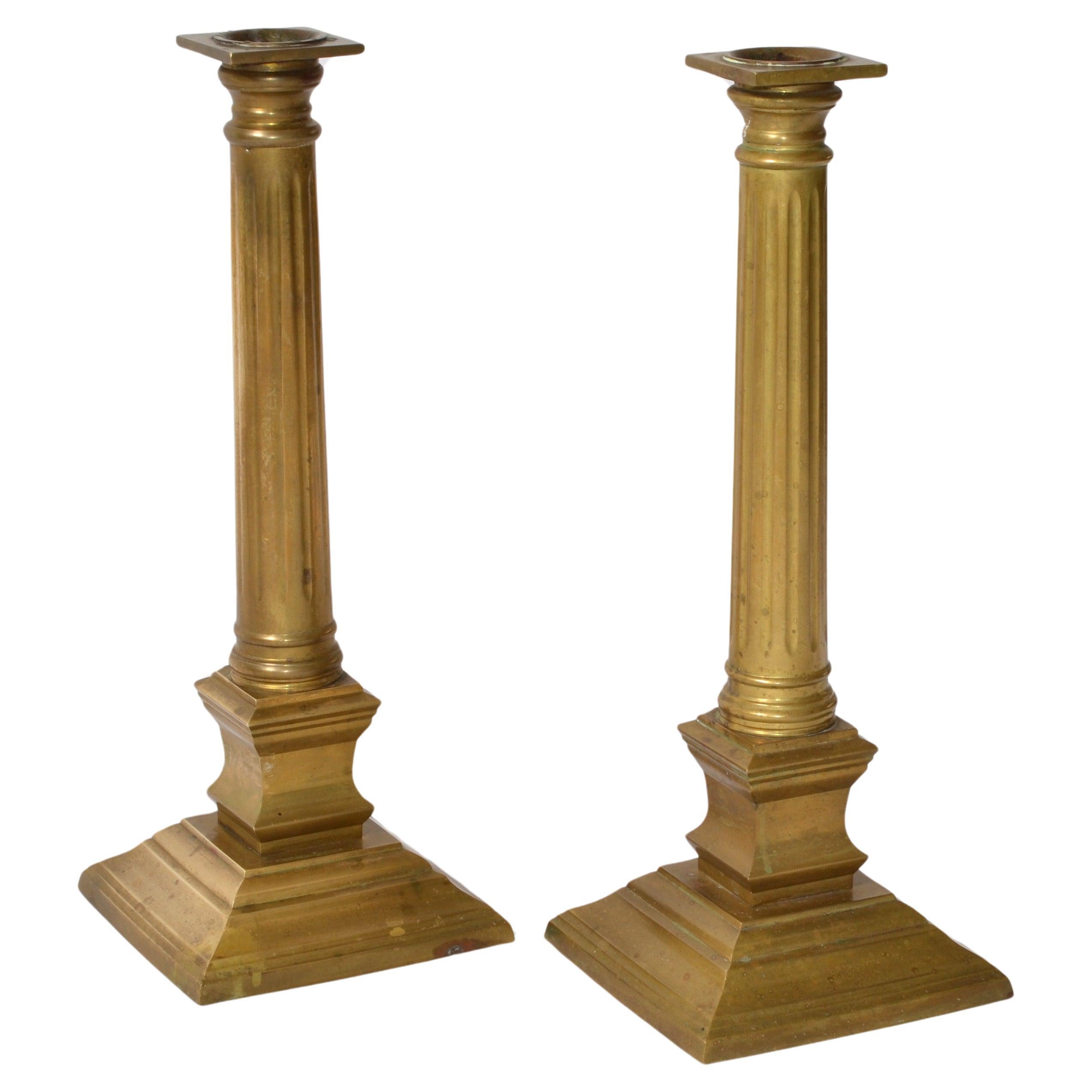 Pair Vintage Hollywood Regency Maitland-Smith Brass Column Candlesticks ...