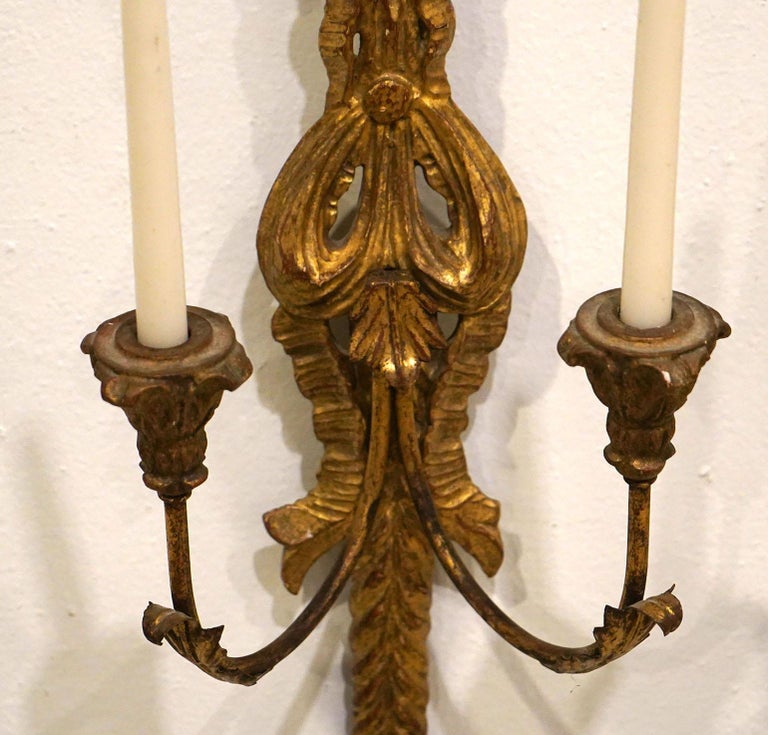 Pair Vintage Italian Carved Wood and Gilt Wall Sconces For Sale at 1stDibs