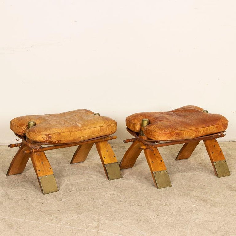 Pair, Vintage Leather Stools from Egypt with Embossed Camel, Pharaoh ...