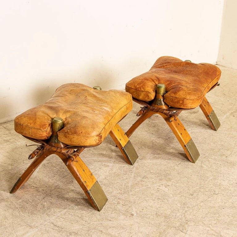 Pair, Vintage Leather Stools from Egypt with Embossed Camel, Pharaoh ...