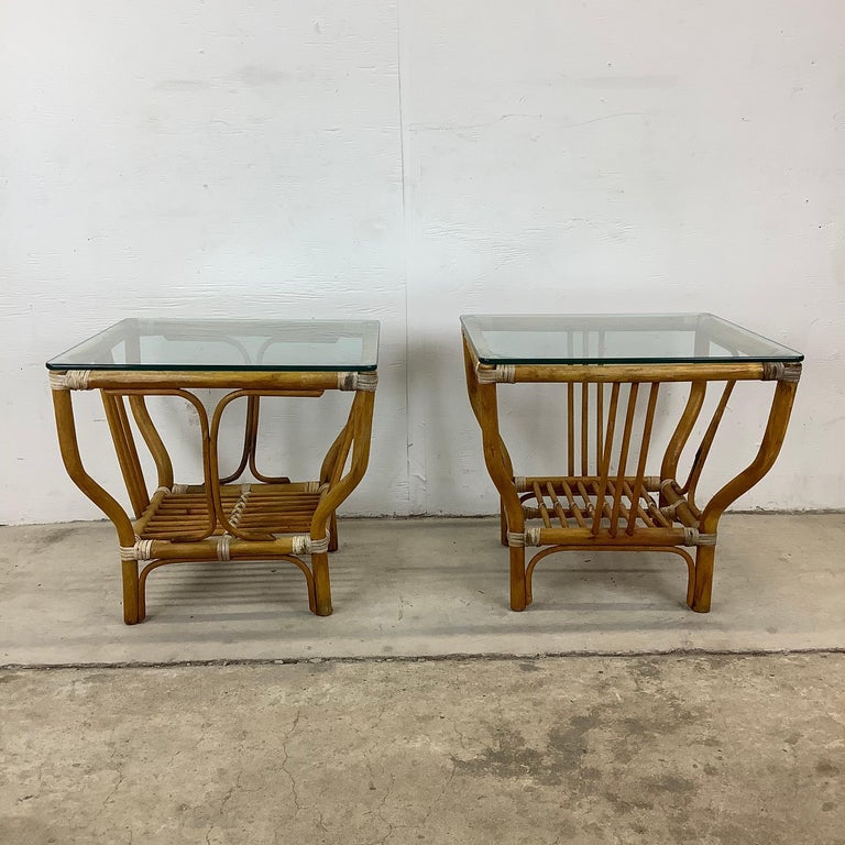 Pair Vintage Modern Boho Bamboo End Tables For Sale at 1stDibs