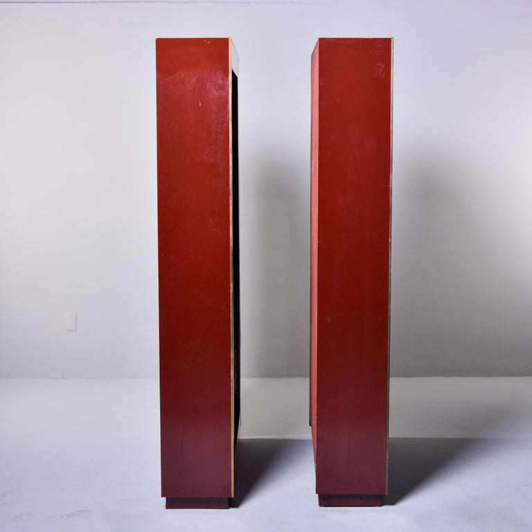 Pair Vintage Red Lacquered Chinoiserie Style Shelf Cabinets with Brass ...