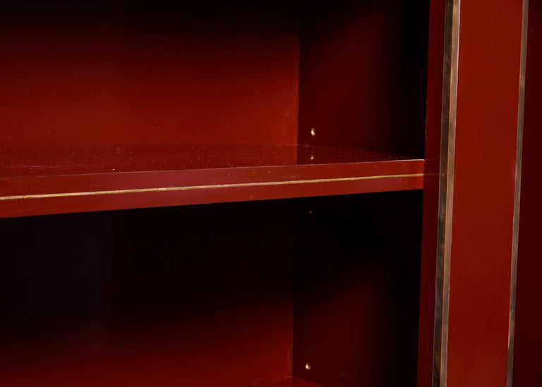 Pair Vintage Red Lacquered Chinoiserie Style Shelf Cabinets with Brass ...