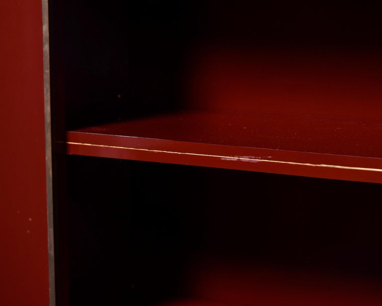Pair Vintage Red Lacquered Chinoiserie Style Shelf Cabinets with Brass ...
