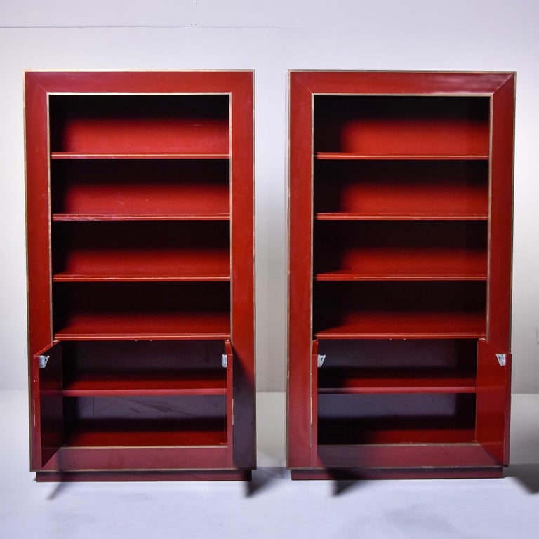 Pair Vintage Red Lacquered Chinoiserie Style Shelf Cabinets with Brass ...
