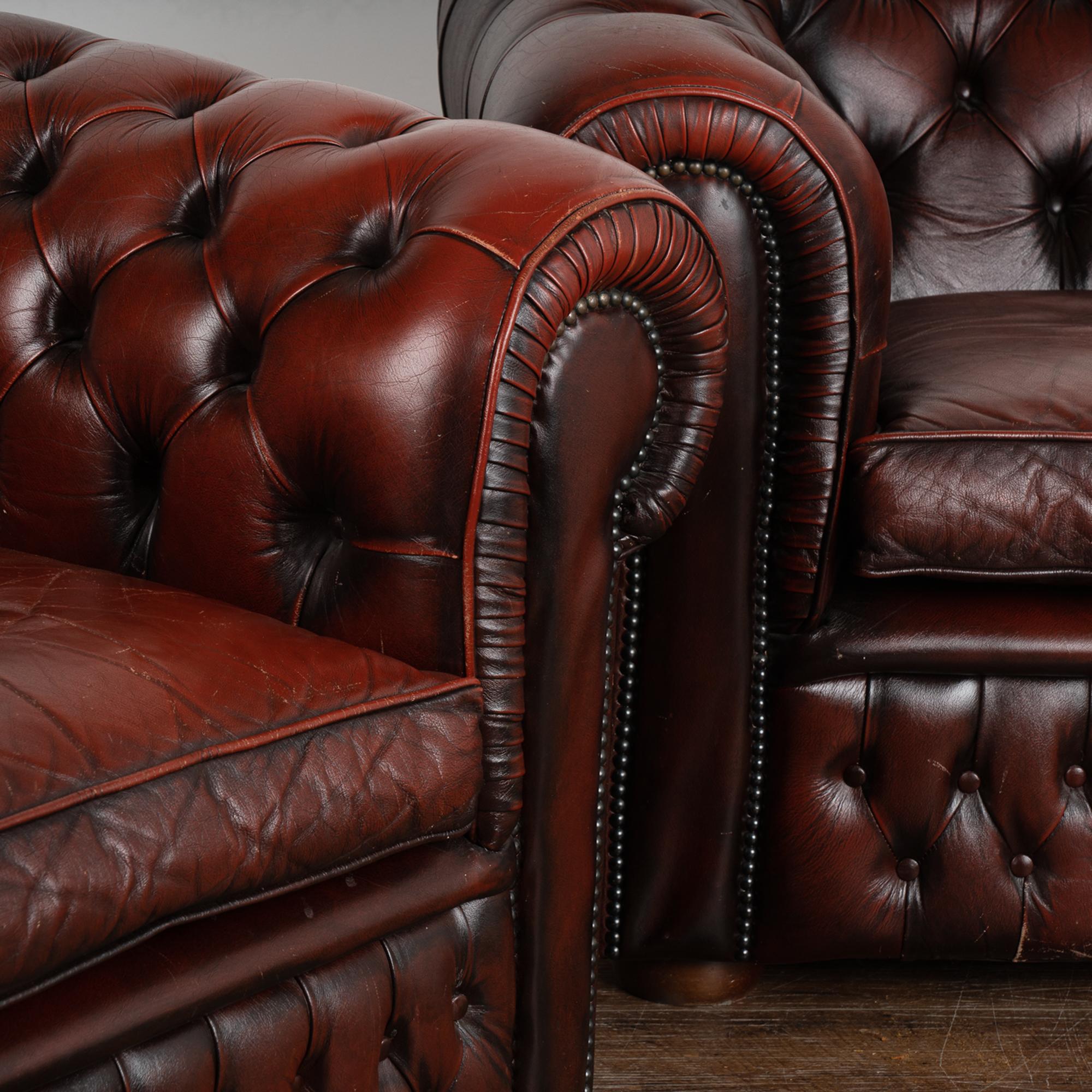 Pair, Vintage Red Leather Chesterfield Club Chairs, Denmark, circa 1980 ...