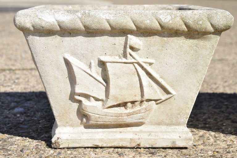 Pair Vtg Cast Concrete Garden Planter Box Pots with Ships and Shield ...