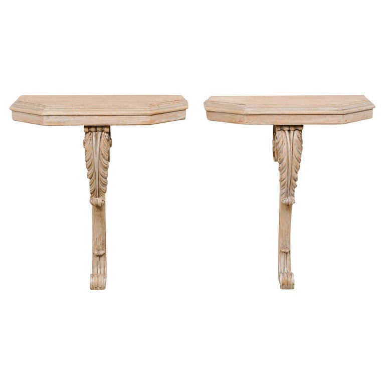 Pair Wall Mounted Consoles 'or Display Shelves' w/ Scrolling-Leaf Carved Legs at 1stDibs