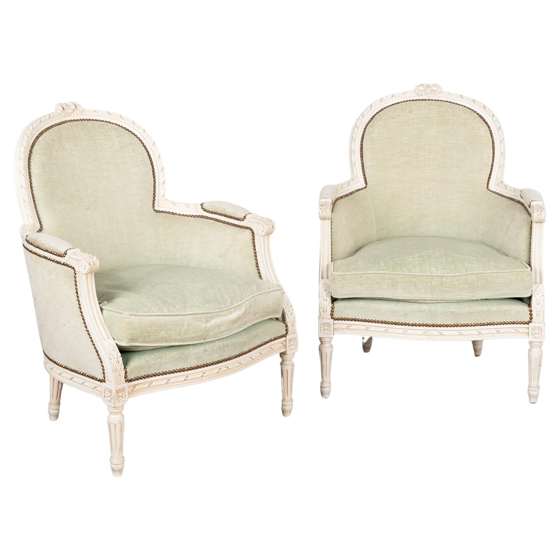 Pair, White Painted Swedish Arm Chairs with Green Velvet Upholstery ...