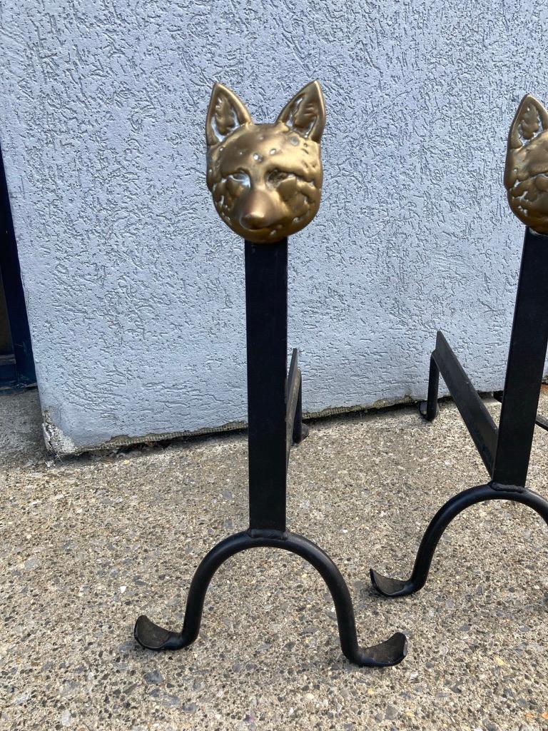 Pair Wrought Iron and Bronze Fox Head Andirons at 1stDibs