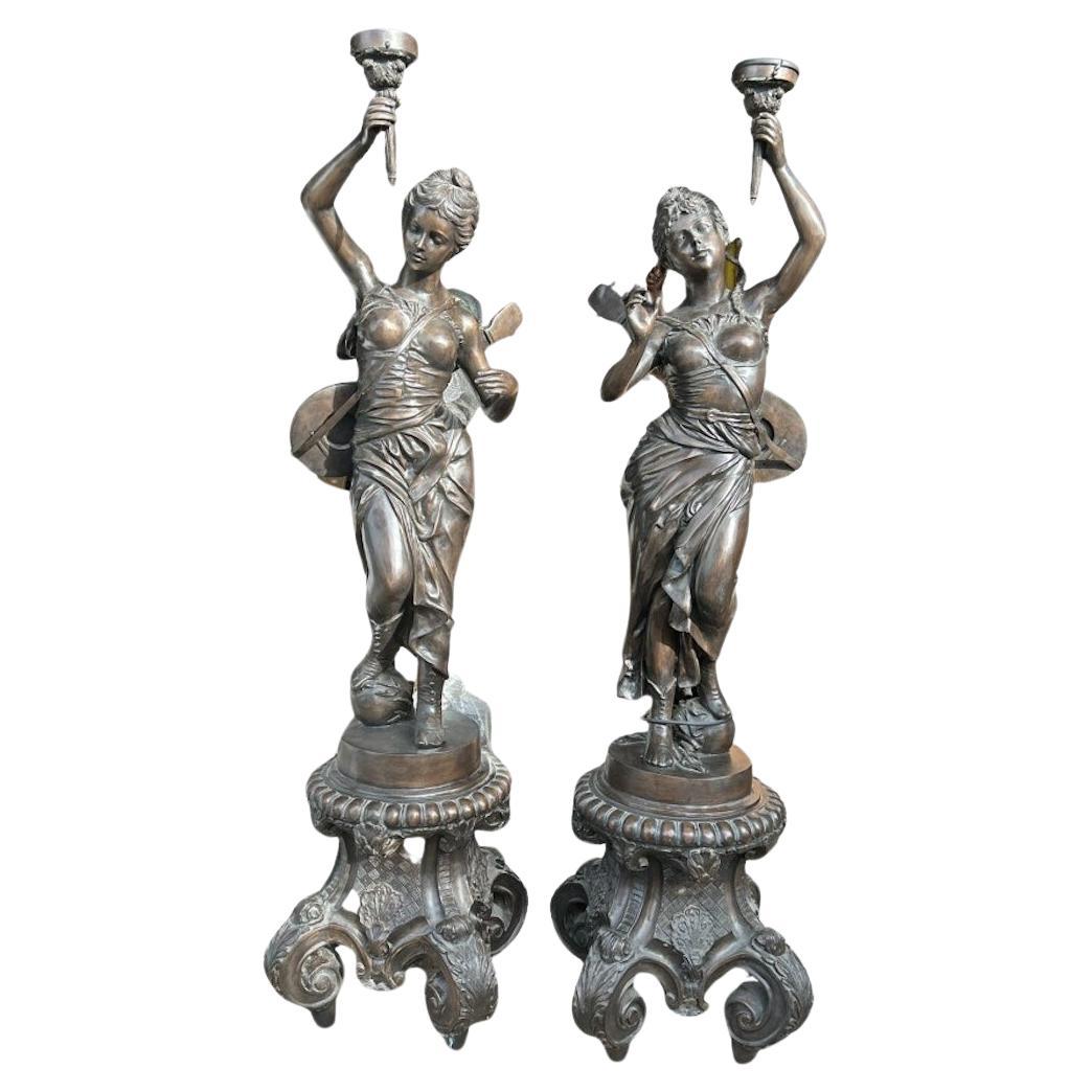 Pair XL Bronze Female Figurine Lantern Candelabras 6 Ft For Sale at 1stDibs