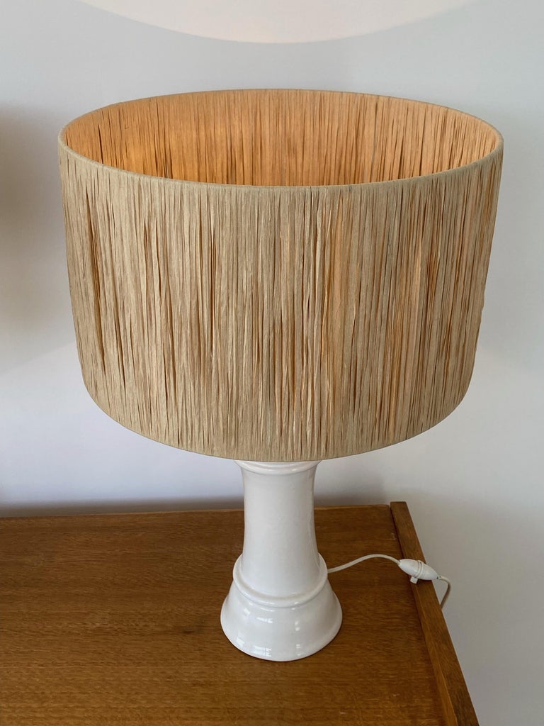 Pair Of White Ceramic Lamps With Raffia Shade, Italy, 1960s For Sale at ...