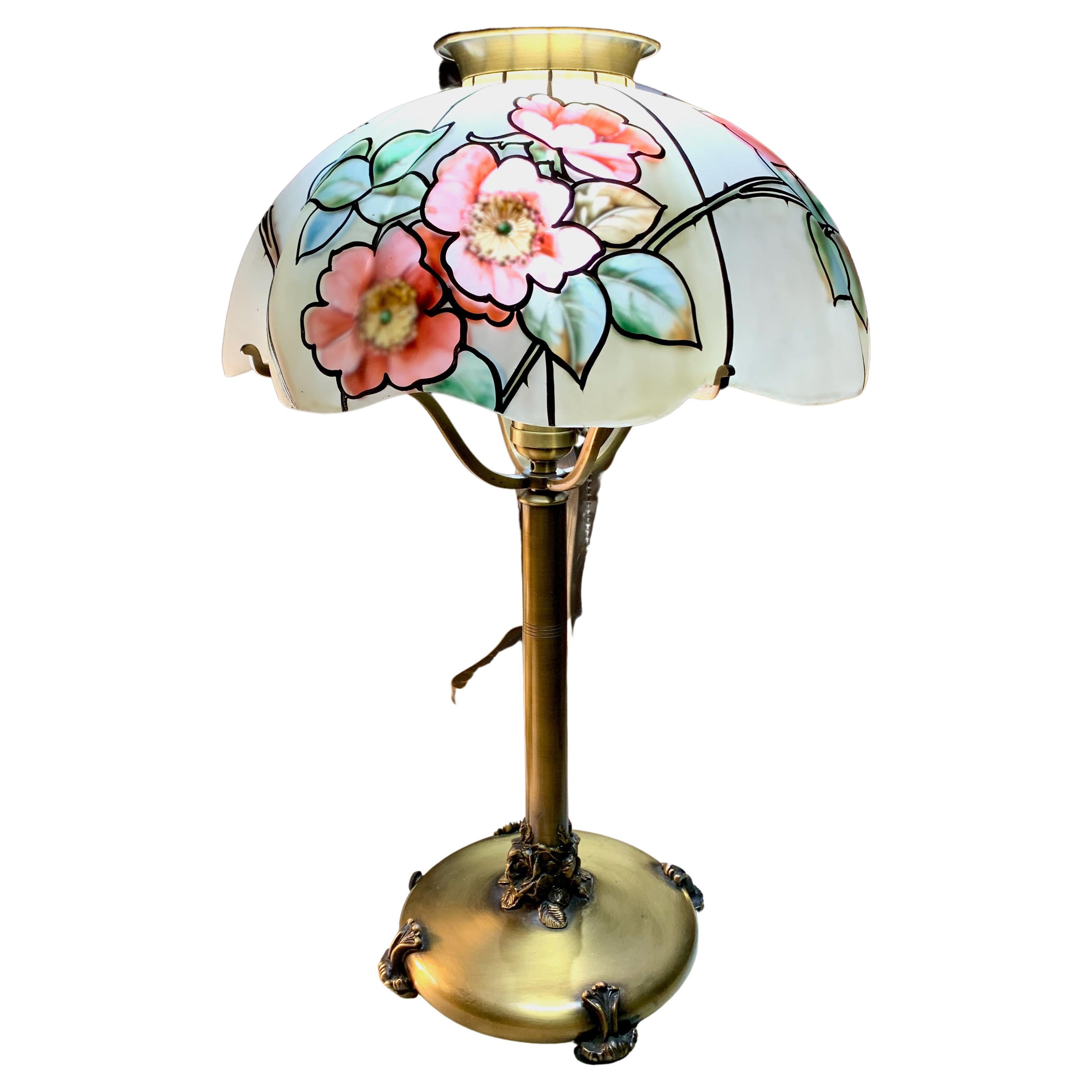 Antique Pairpoint Reverse Painted Floral Border Lamp For Sale at 1stDibs