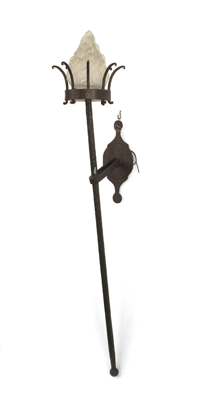 4 Italian Renaissance Style Wrought Iron and Glass Torch Wall Sconces ...