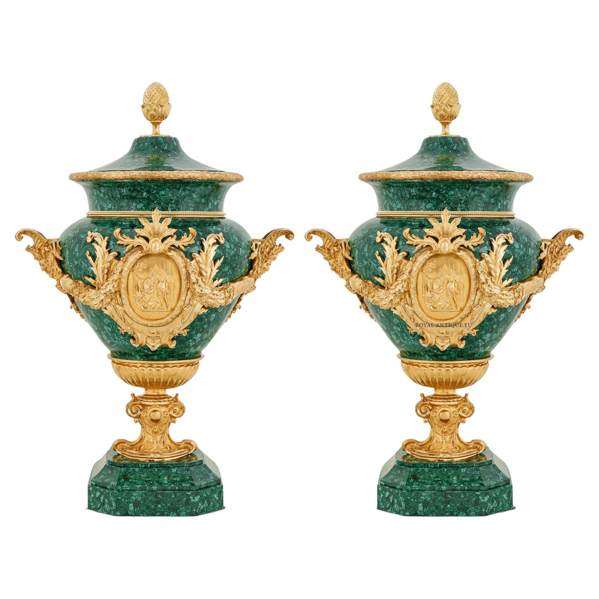 Wonderful Pair of Vases Inlaid with Stones Malachite at 1stDibs