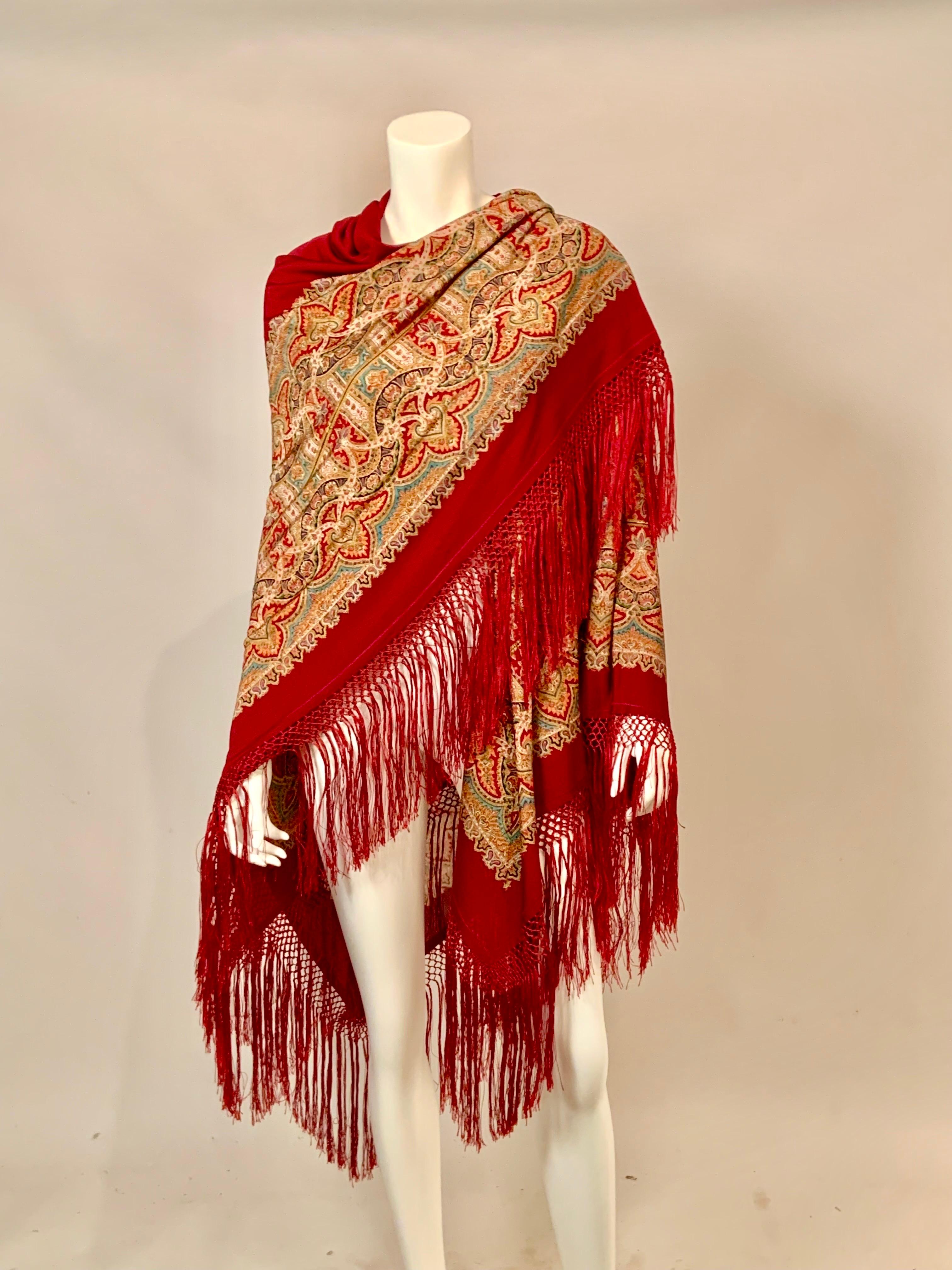 Paisley Printed Burgundy Red Shawl with Silk Fringe For Sale at 1stDibs