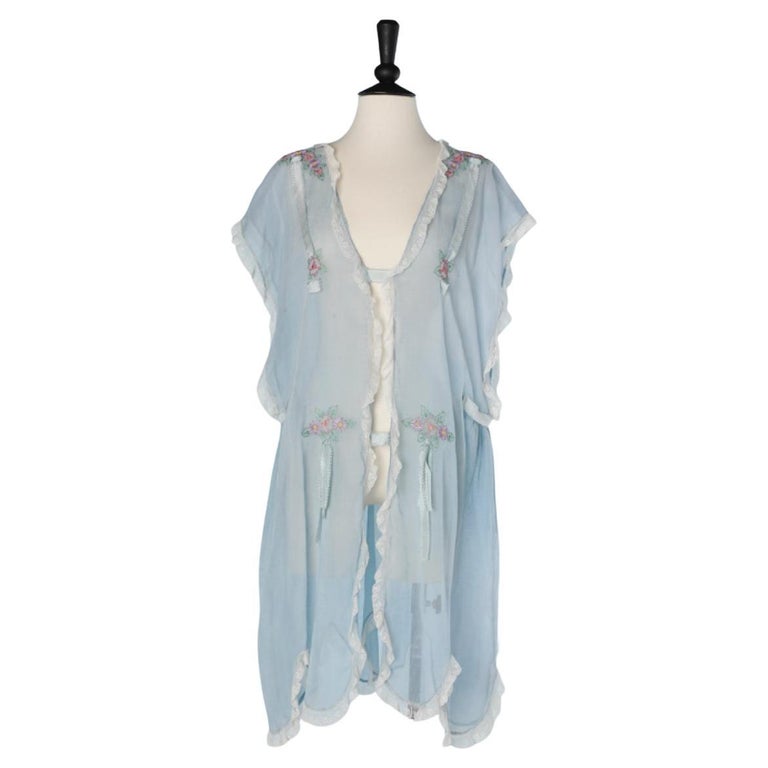 Pale blue cotton veil tunic with cotton threads embroideries and lace ...