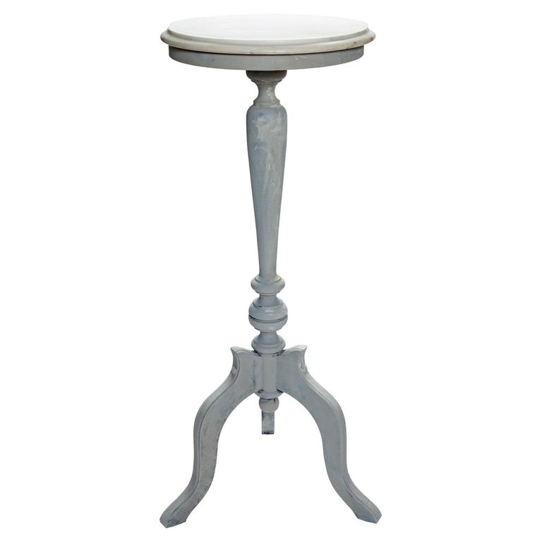 Pale Blue Gray Pedestal Table with Marble Top Plant or Pillar Stand For ...
