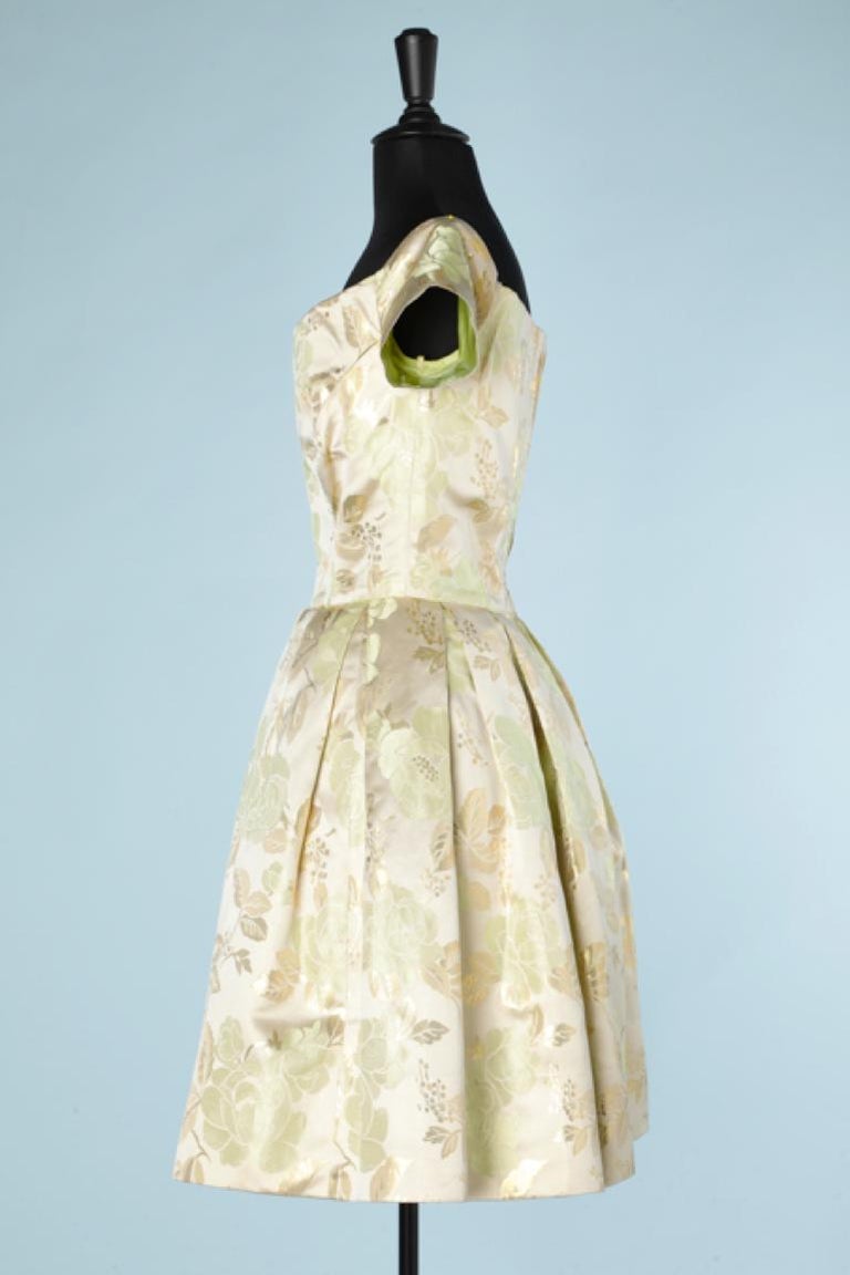 Pale yellow and grey silk brocade cocktail dress with flower pattern ...